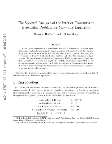 pdf the spectral analysis of the interior transmission eigenvalue problem for maxwell s equations