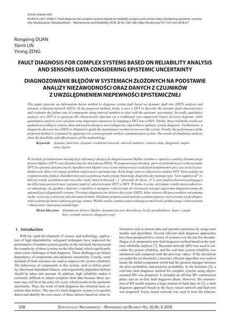 pdf fault diagnosis for complex systems based on reliability analysis and sensors data