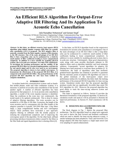 pdf an efficient rls algorithm for output error adaptive iir filtering and its application to