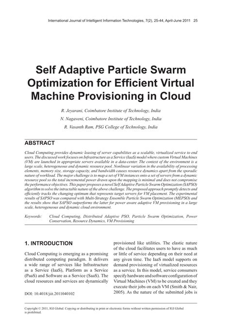 pdf self adaptive particle swarm optimization for efficient virtual machine provisioning in cloud