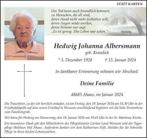 Traueranzeigen Von Hedwig Johanna Albersmann Sich Erinnern De