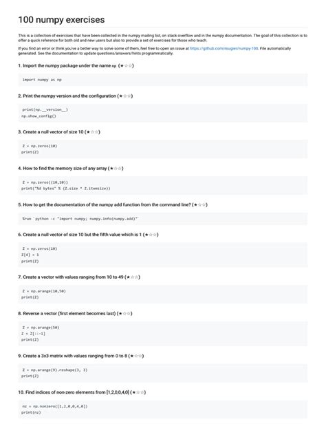 100 numpy exercises with solutions pdf array data structure matrix mathematics