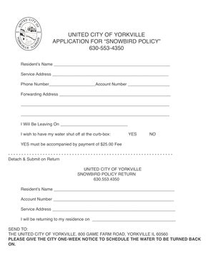 Fillable Online Yorkville Il Snowbird Application Form Yorkville