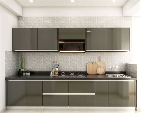 Gothic Grey Straight Kitchen Design With G Profile Handles Livspace