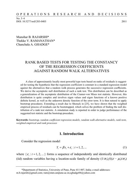 pdf rank based tests for testing the constancy of the regression coefficients against random