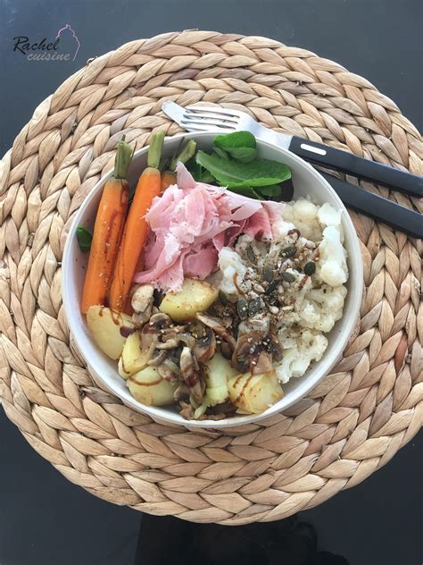 Assiette complète Pomme de terre légumes à la vapeur douce et jambon