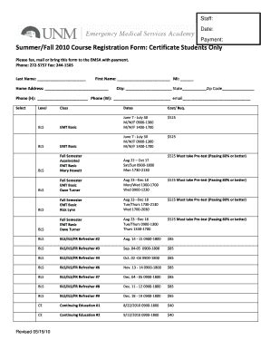 Fillable Online Hsc Unm Summer Fall 2010 Course Registration Form