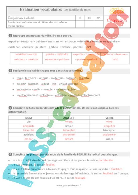 Les Familles De Mots Au Cm Bilan Et Valuation Avec Le Corrig Pdf