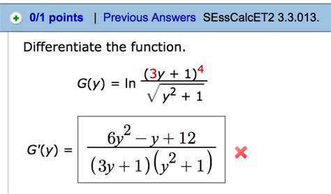 solved differentiate the function g y ln 3y 1 4 s