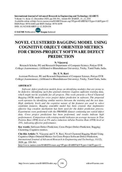 pdf novel clustered bagging model using cognitive object oriented metrics for cross project