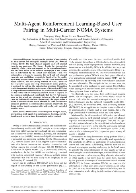 pdf multi agent reinforcement learning based user pairing in multi carrier noma systems