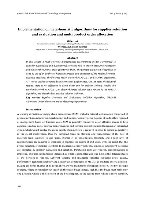 pdf implementation of meta heuristic algorithms for supplier selection and evaluation and