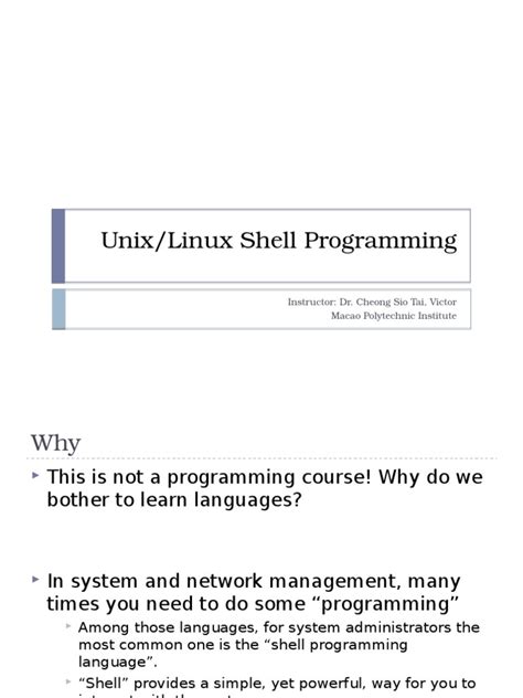 unix linux shell programming instructor dr cheong sio tai victor macao polytechnic institute