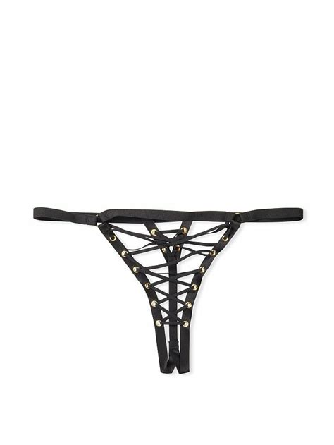 Victorias Secret Lace Up Grommet Strappy Black Thong Panty L XL EBay