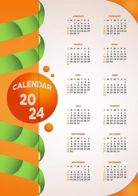 Modelo de calendário vetorial 2024 temas de frutas laranja Vetor Premium