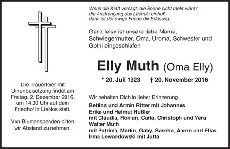 Traueranzeigen Von Elly Muth Vrm Trauer De