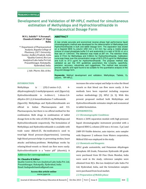 pdf development and validation of rp hplc method for simultaneous estimation of methyldopa and