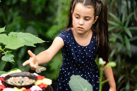 Niña con mariposa en la mano Foto Premium