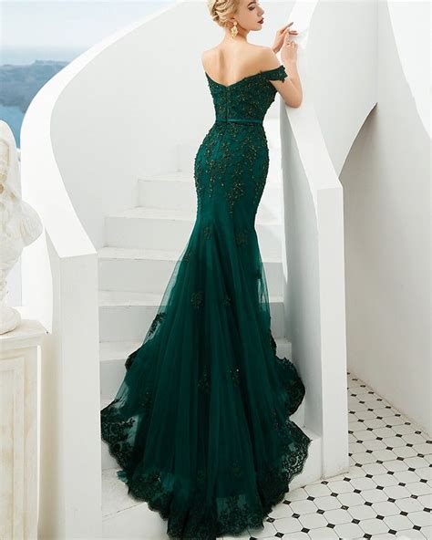 Green Beading Off The Shoulder Applique Mermaid Evening Dress QD060