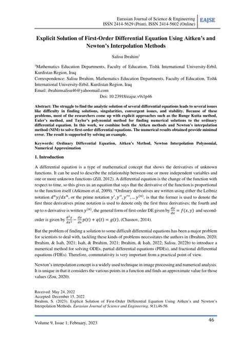 pdf explicit solution of first order differential equation using aitken s and newton s