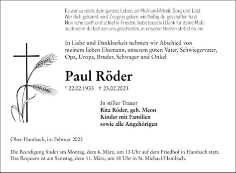 Traueranzeigen von Paul Röder Trauerportal Ihrer Tageszeitung