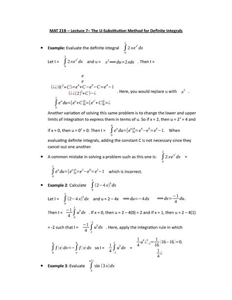 mat 21b lecture 7 the u substitution method for definite integrals mat 21b lecture the