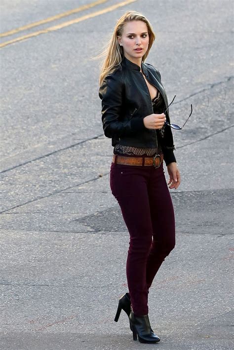 Natalie Portman In Skinny Jeans With Leather Jacket On The Set Of