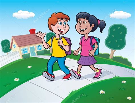Dos niños caminando a la escuela con mochilas Ilustración de stock