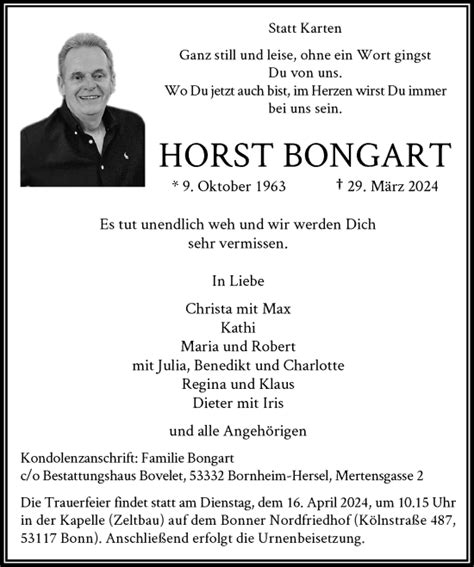 Traueranzeigen Von Horst Bongart GA Trauer De