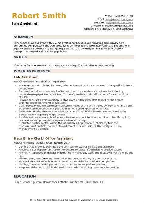 Lab Assistant Resume Samples QwikResume