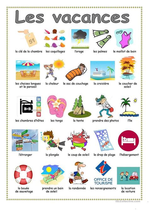 Lexique vacances Enseignement du français Fle French expressions