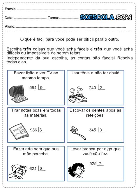 BAIXE EM PDF Atividades de matemática 4 ano divisão SÓ ESCOLA