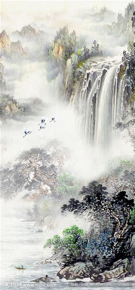 中式水墨山水瀑布装饰画设计图 绘画书法 文化艺术 设计图库 昵图网nipic