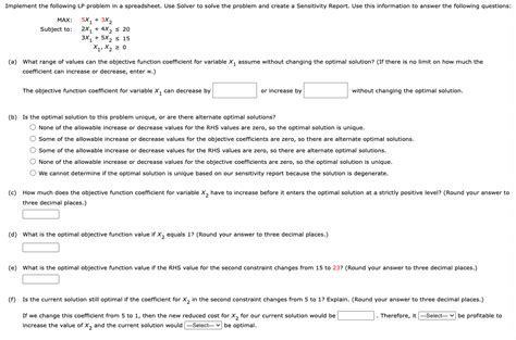 solved implement the following lp problem in a spreadsheet