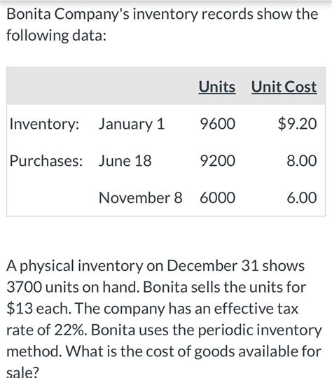 Solved Bonita Company S Inventory Records Show The Following Chegg