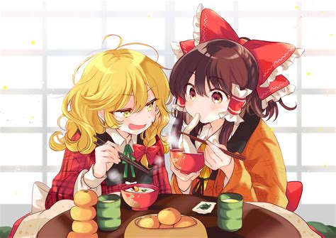 2girls Blonde Hair Blush Bow Braids Brown Hair Drink Food Fruit Hakurei Reimu Japanese Clothes