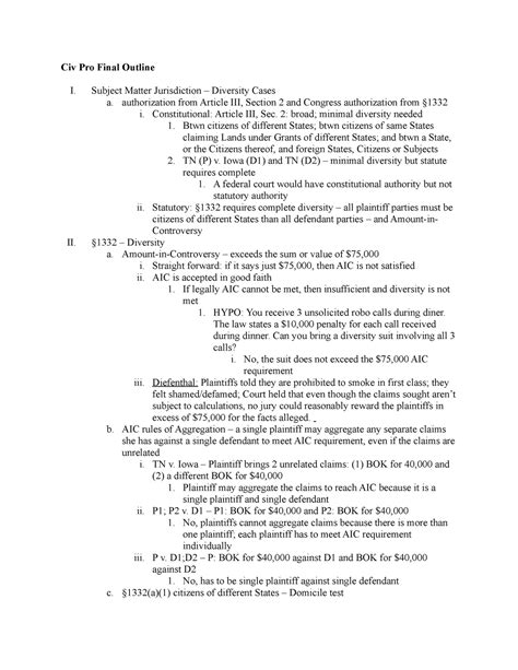 Civ Pro Final Outline Subject Matter Jurisdiction Diversity Cases A