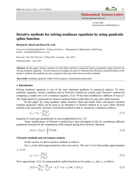 pdf iterative methods for solving nonlinear equations by using quadratic spline function