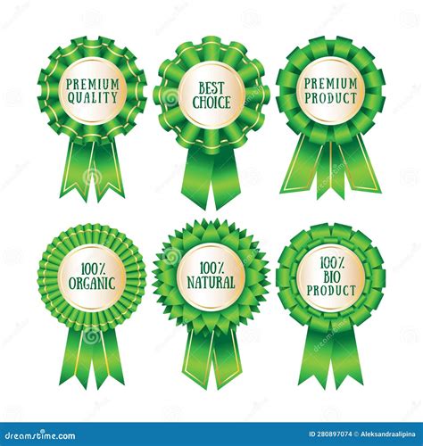 Set Of Realistic Award Ribbons Of The Quality Mark Of Natural Products