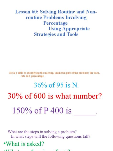math 5 ppt q3 w3 lesson 60 solving routine and non routine problems involving percentage pdf