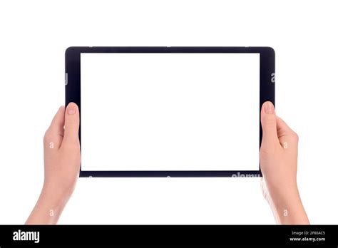 Manos Sosteniendo Un Tablet Con Pantalla Blanca Las Manos De La Mujer
