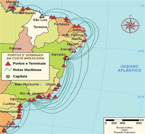 Principais portos e rotas marítimas comerciais do Brasil Fonte