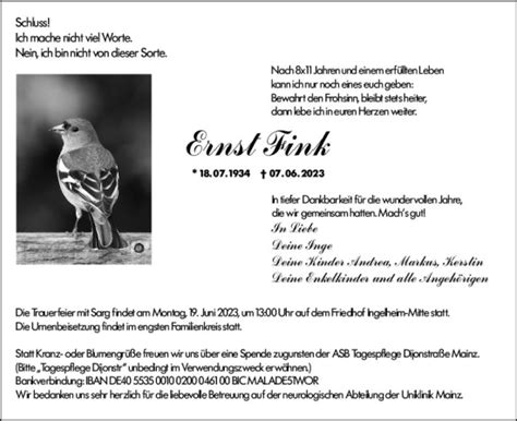 Traueranzeigen Von Ernst Fink Vrm Trauer De