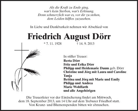 Traueranzeigen von Friedrich August Dörr vrm trauer de