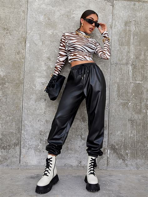 SHEIN Privé Mock Neck Zebra Striped Sheer Mesh Top Without Bra SHEIN USA