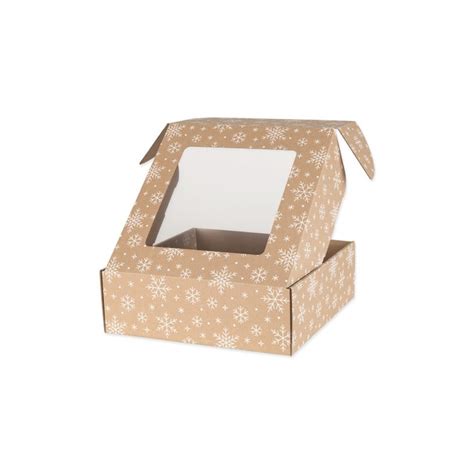 Pudełko świąteczne z okienkiem300x300x100mm białym nadrukiem ŚNIEŻYNKI