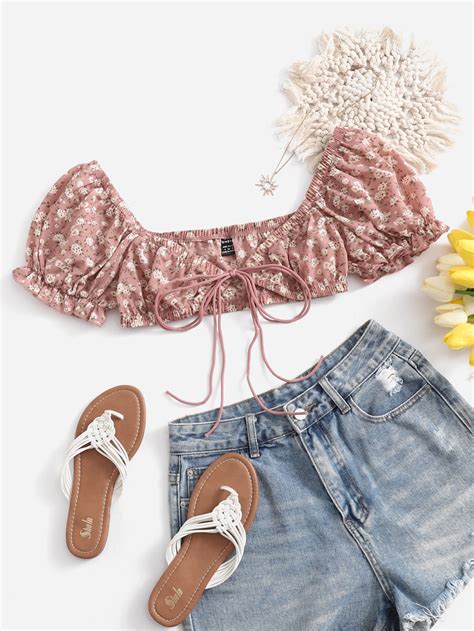 SHEIN WYWH Babado Nó na gola Florzinhas Boho Top SHEIN Brasil