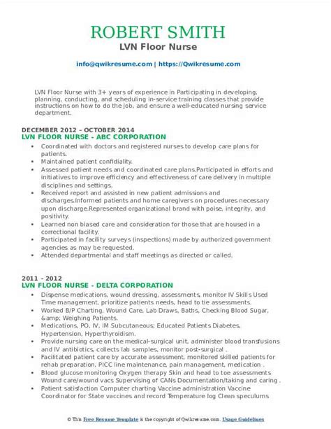 Lvn Floor Nurse Resume Samples Qwikresume