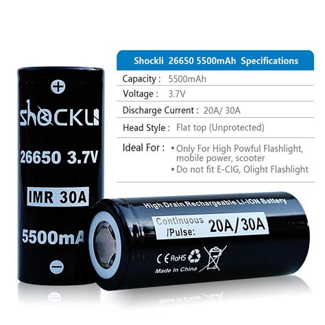 2PCS 3 7V Shockli IMR 26650 Battery 5500mah 30A Re Grandado