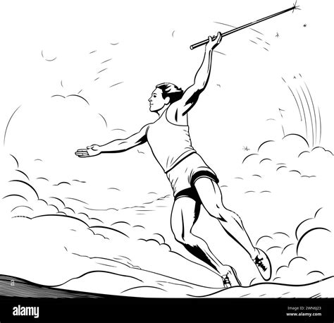 Athletic Man Jumping With Javelin Vector Illustration Stock Vector